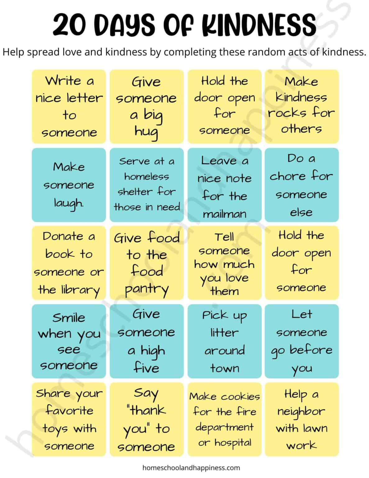 20 Day Kindness Challenge Printable Activities